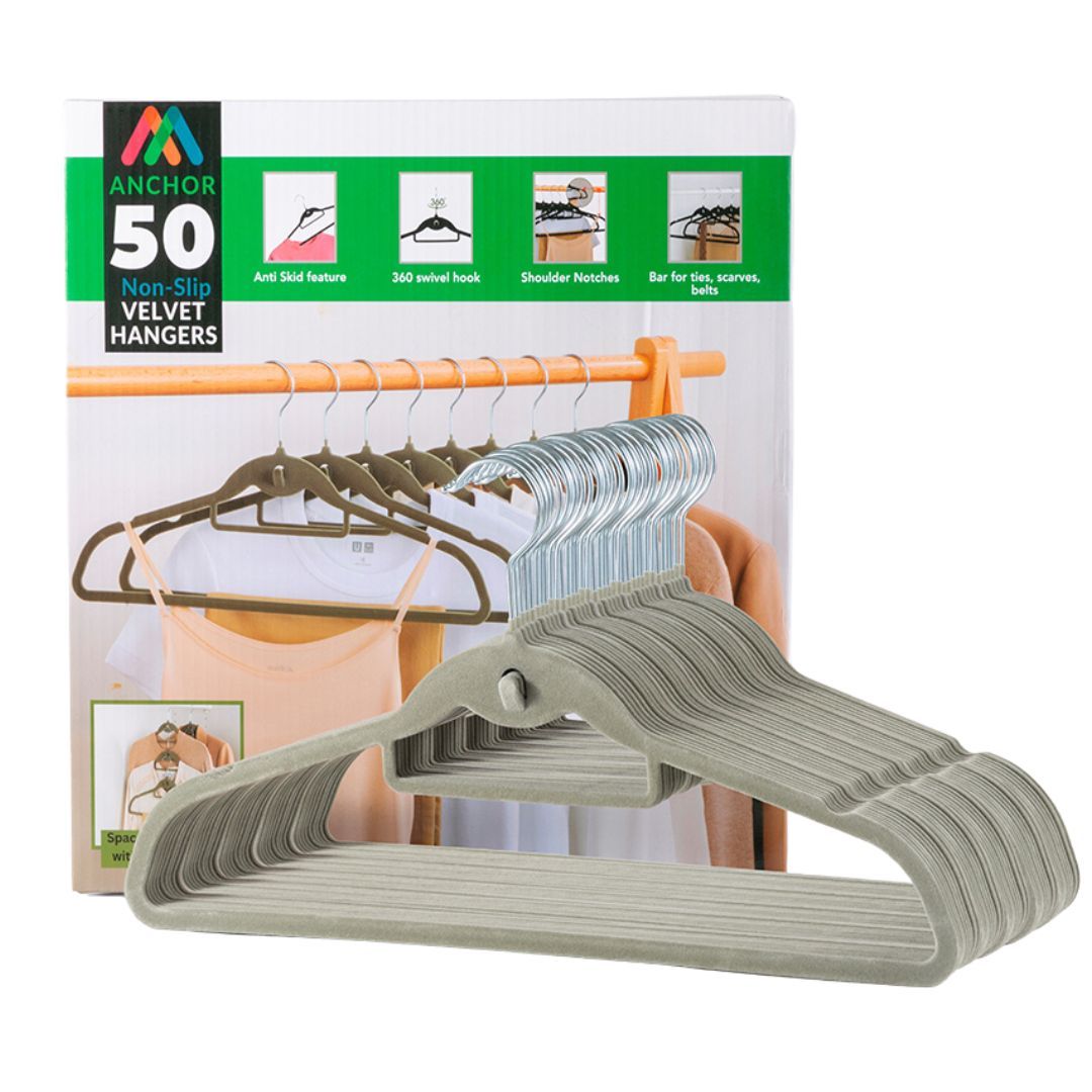 Anchor Velvet Hangers 50 Pack Non Slip Slim 0.6cm | 360 Hook | Grey ...