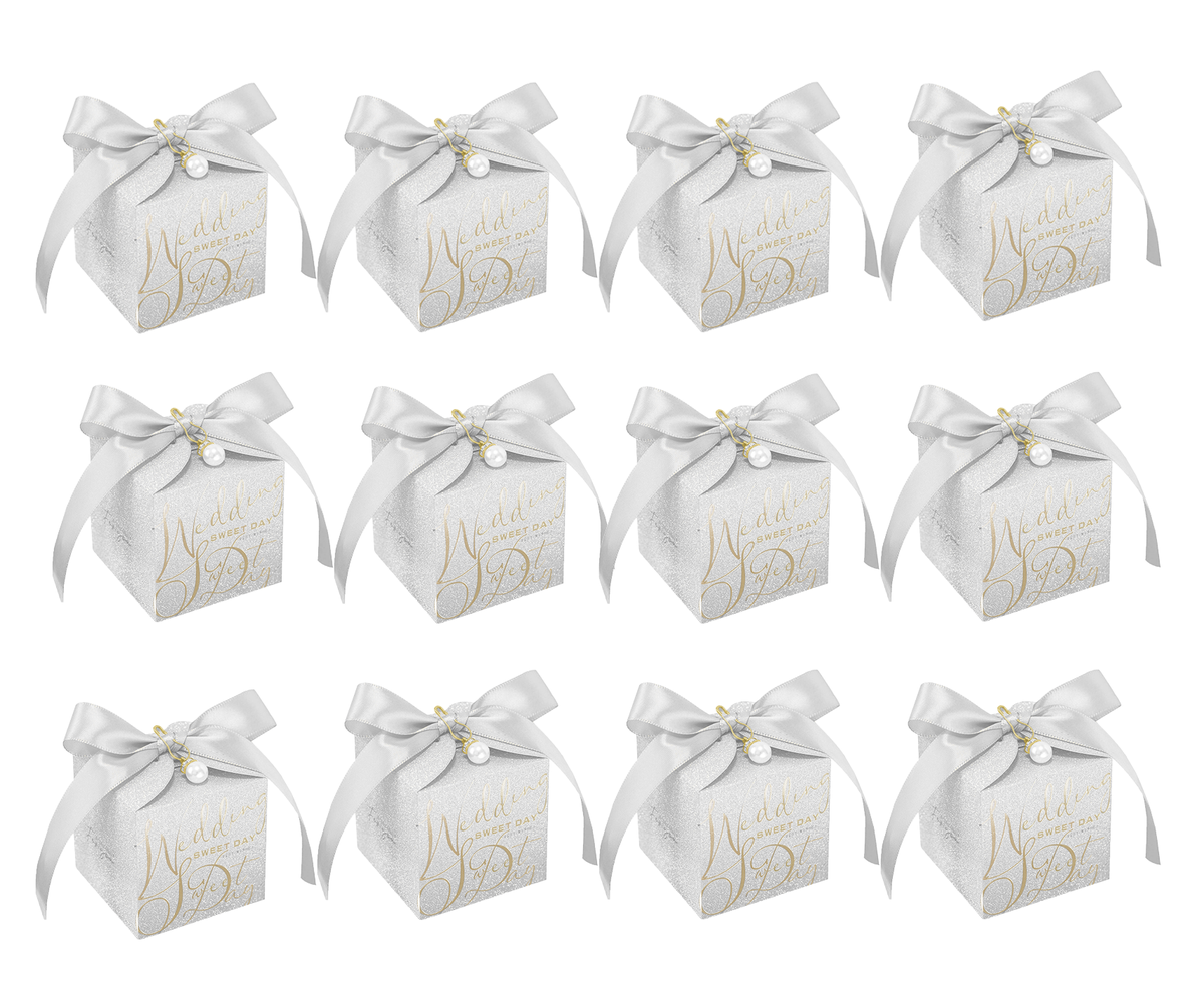 Bestby - Silver Gift Boxes with Ribbon & Pearl for Wedding/Party(12pcs ...