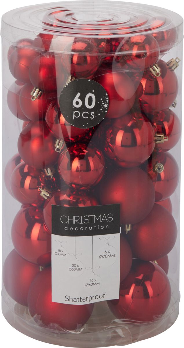 60 Christmas Balls - 4 Sizes, Shiny & Matt Finish, Classic Festive ...