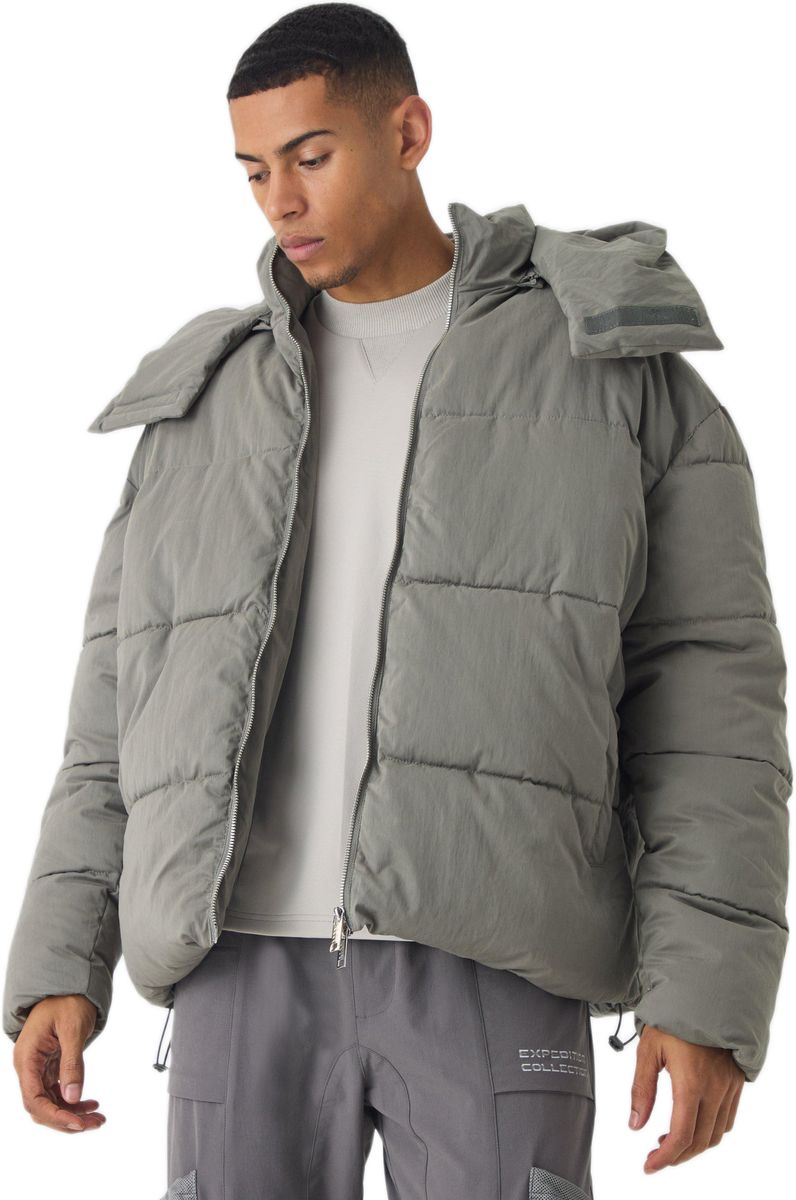 boohooMAN - Men's Extended Funnel Neck Hooded Puffer Jacket - Grey ...