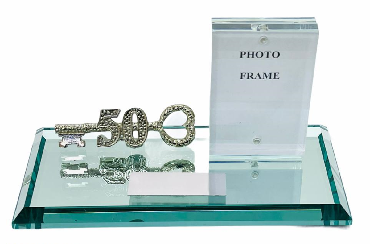 50th Key on Mirror Glass base engraving plate + Magnetic photo Frame ...