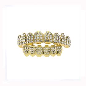 Hip Hop Rapper Clip-on Iced Teeth Grillz in Shiny Gold Plated Finish ...