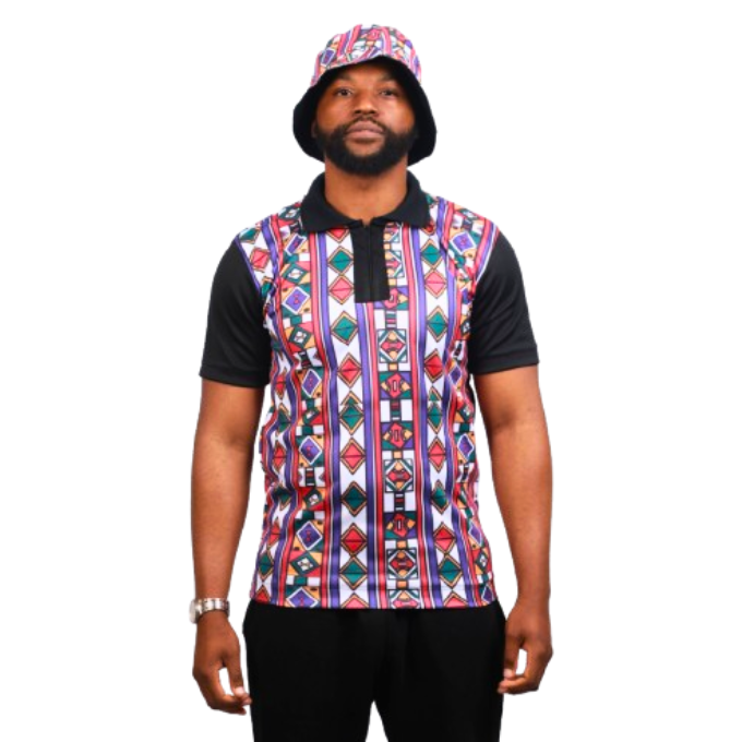 Full Ndebele Heritage African Golf Shirt with Matching Bucket Hat ...