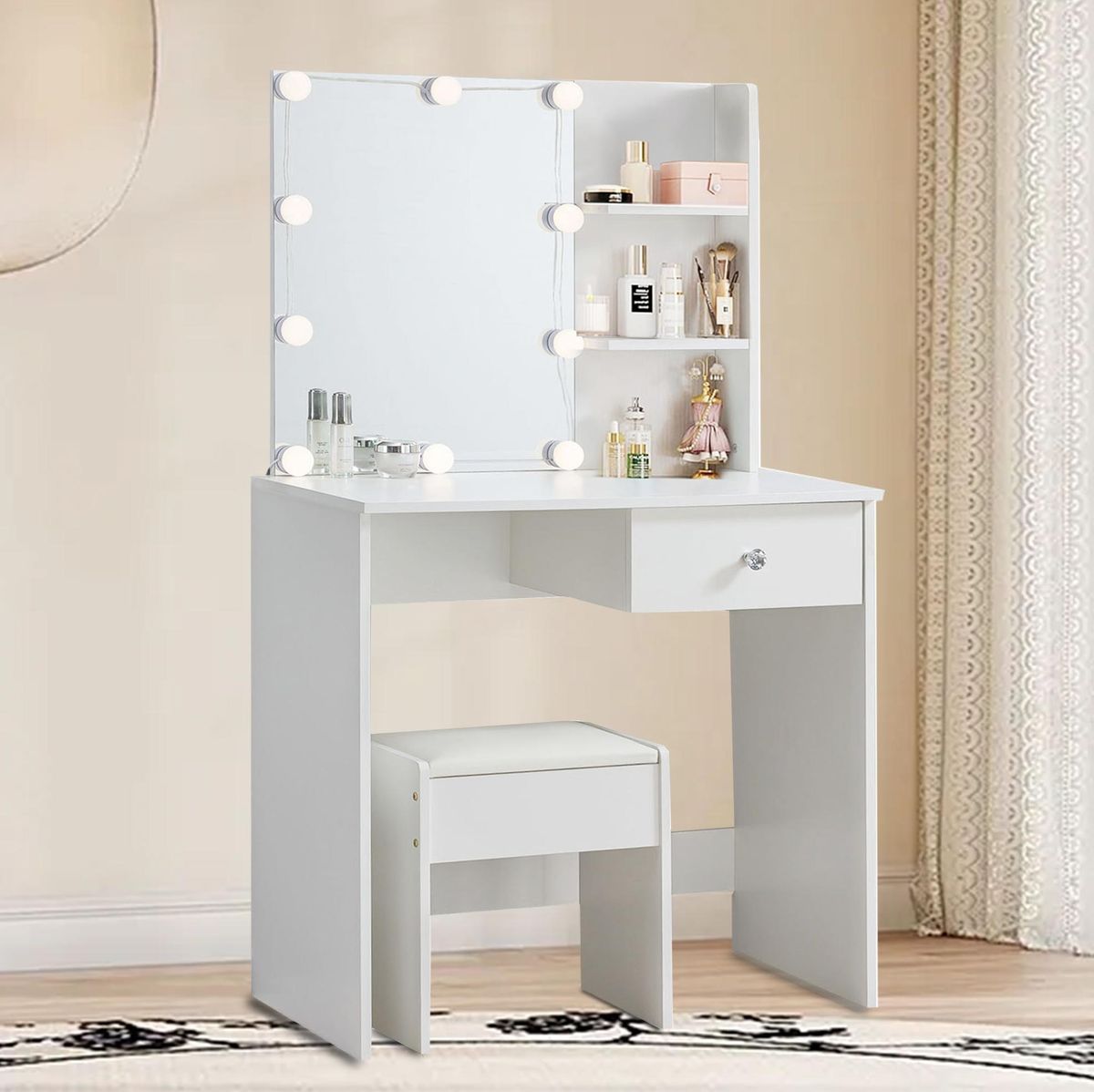 Dressing Table Stool Set Makeup Vanity Desk with Mirror & Lights White ...