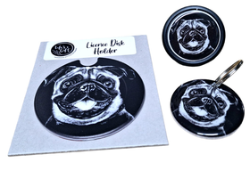 Licence Disk Holder, Keyring & Car Air Freshener - Black & White Pug ...