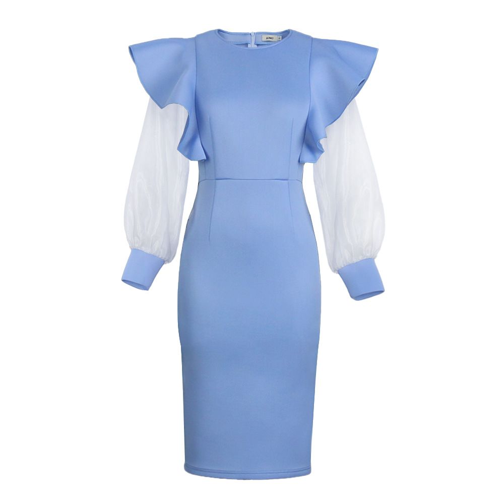 Women's Elegant Blue Long Transparent Sheer Fit Dress Midi Evening Gown ...