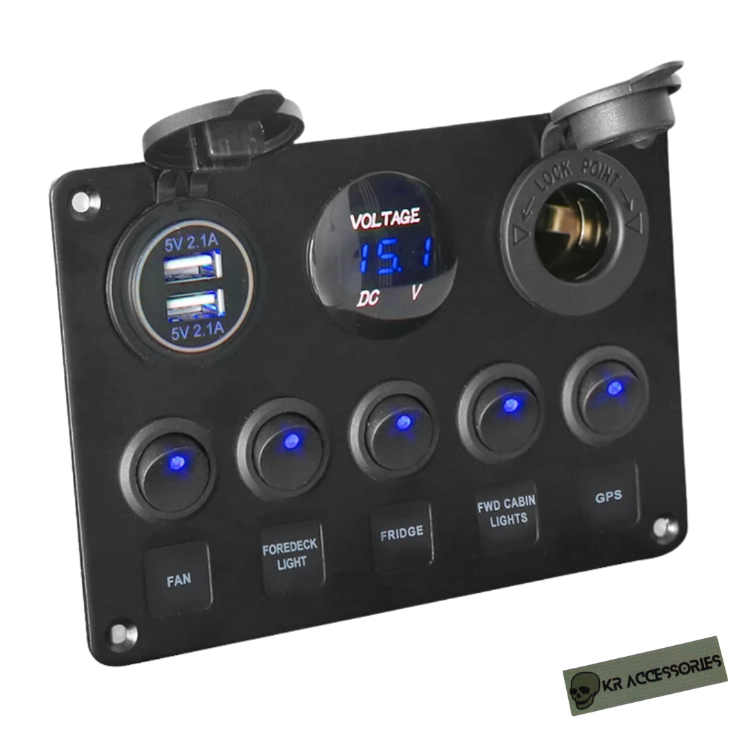 KR Auto 5-Gang Switch Panel: Dual USB + Volt Meter & Cig Socket Fuse ...