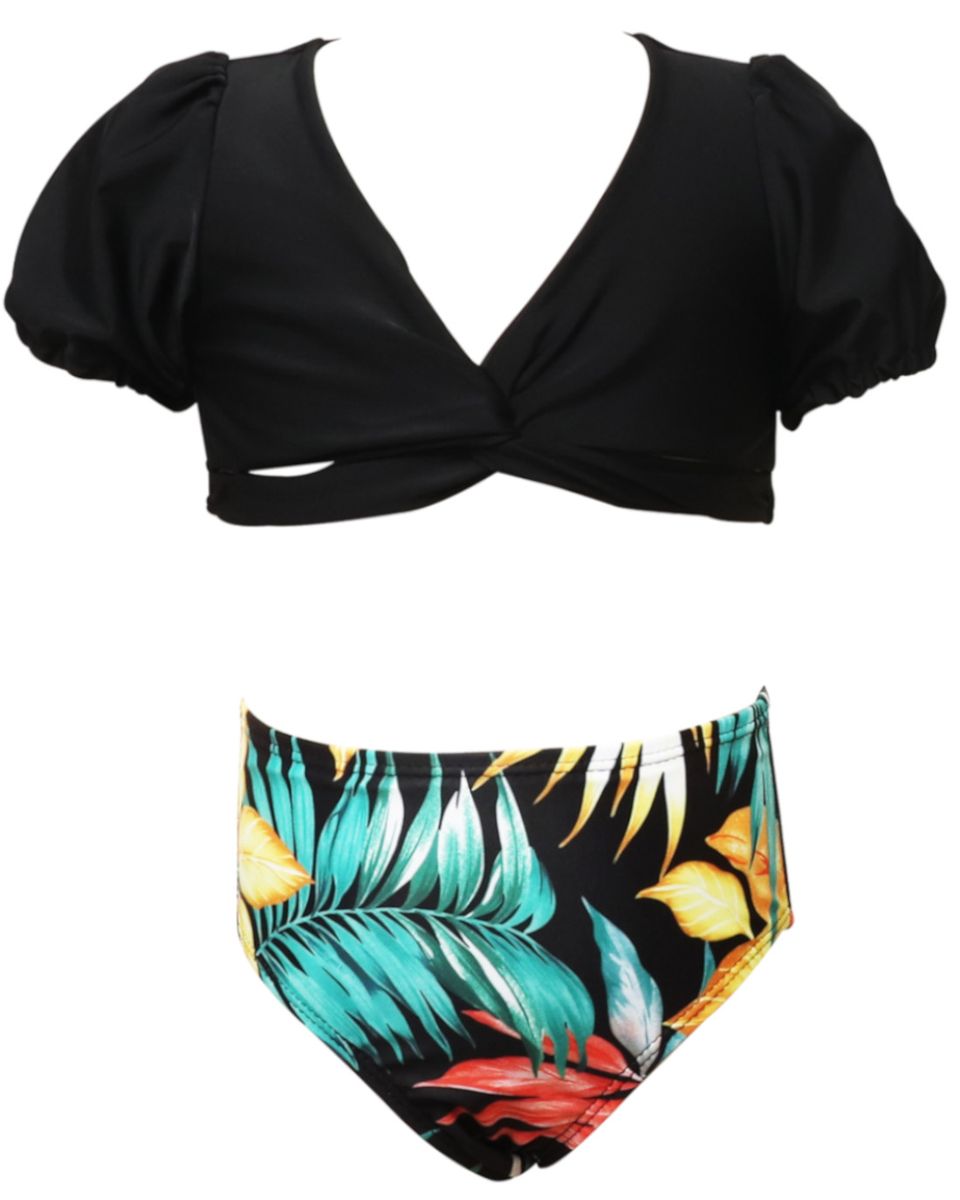 Olive Tree-Girls Bubble Sleeve Criss Cross Bikini Swimsuit-Black | Shop ...