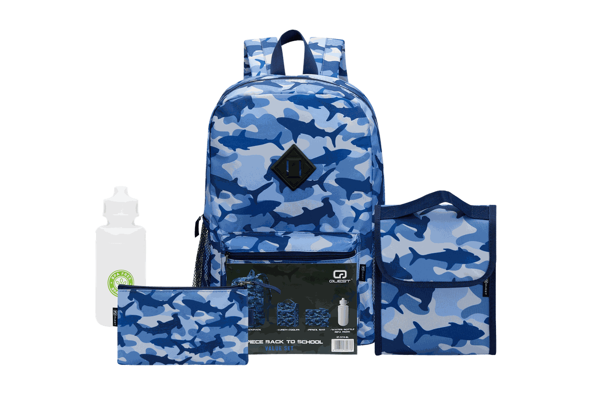 Quest 4-Piece Shark Camo Backpack Set Blue - Durable School Bag for ...