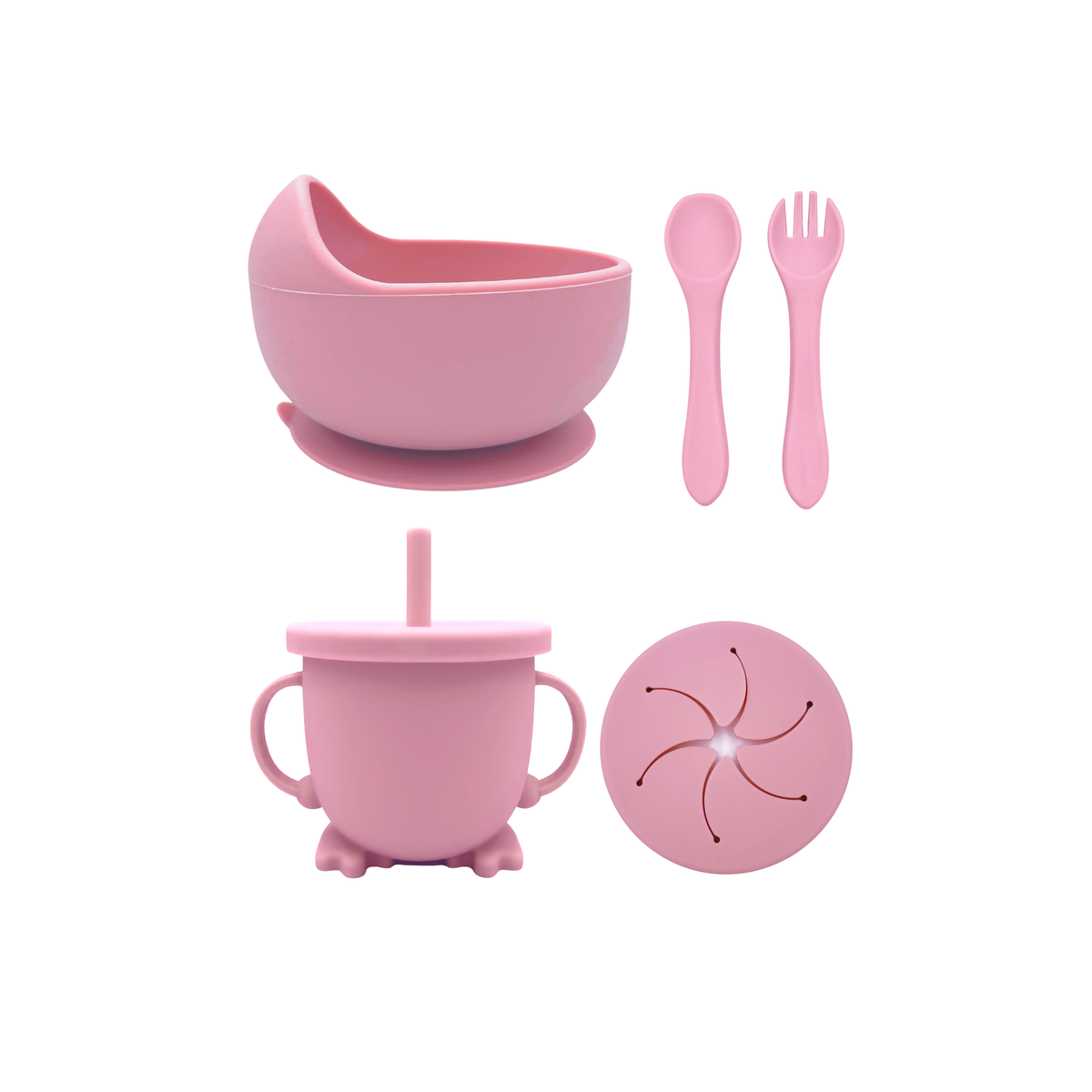 Silicone Suction Bowl, 3 in1 Sippy Cup, Spoon & Fork Feeding Set - Pink ...