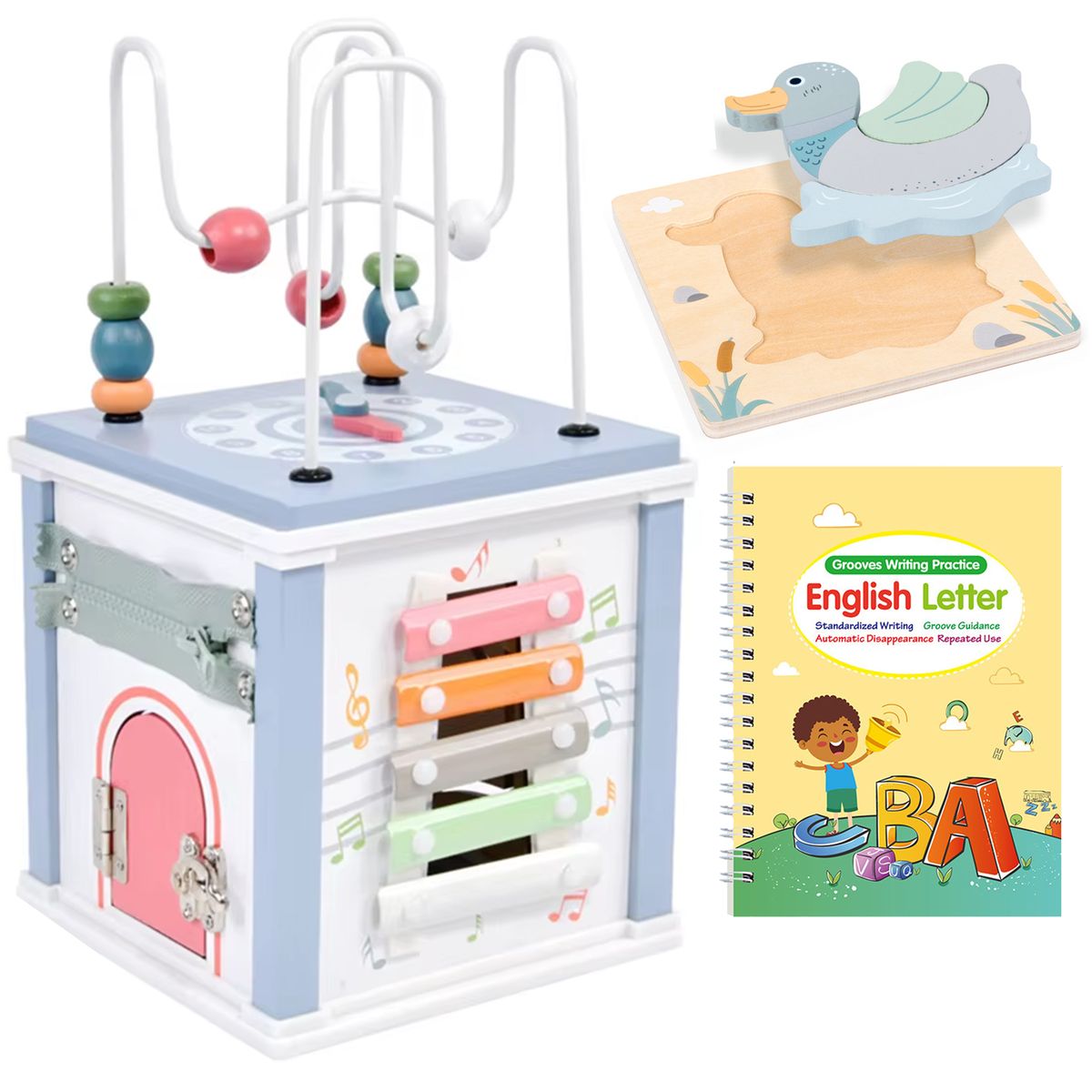 Wooden Activity Cube Educational Learning Montessori Toy Kids w Book ...