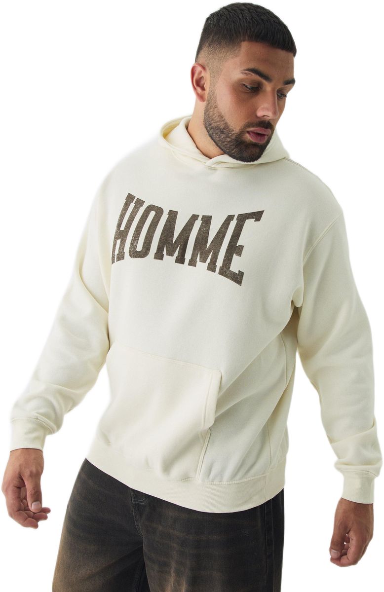 boohooMAN - Men's Plus Size Varsity Homme Print Oversized Hoodie - Ecru ...