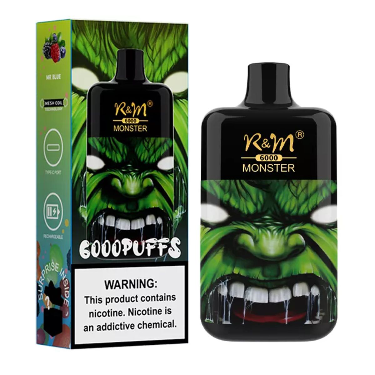 6000 Puffs Monster Disposable Vape 5% Mr. Blue (Blue, Rasp & Blackberry ...