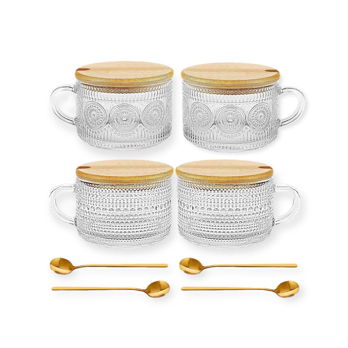 Vintage Glass Coffee Mug Set of 4 Embossed Glass Cup with Bamboo Lid ...