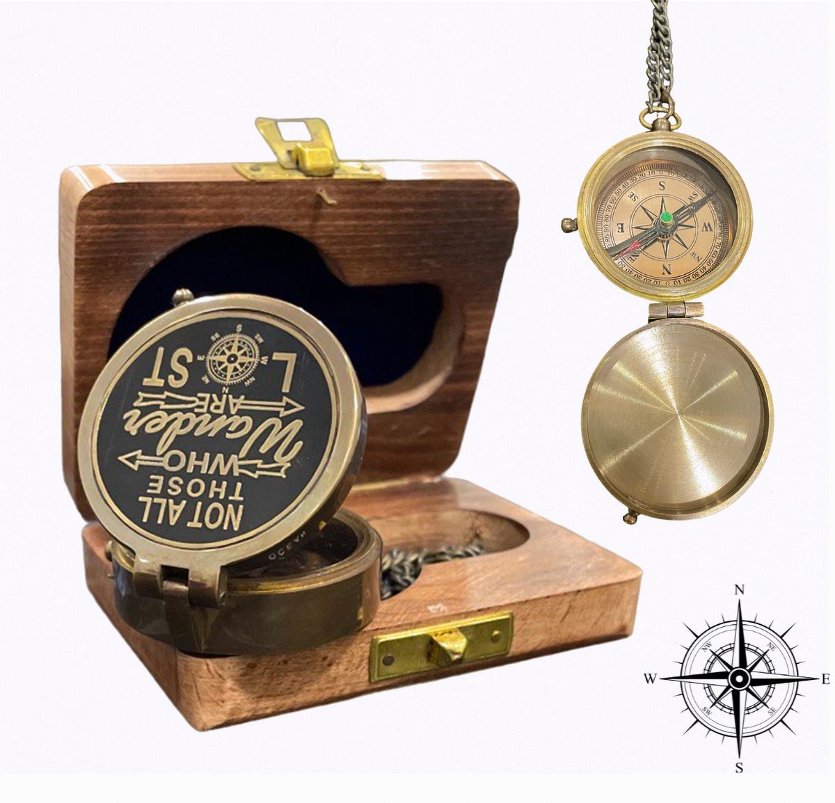 Handmade Antique Brass Nautical collectible pocket Compass with wooden ...