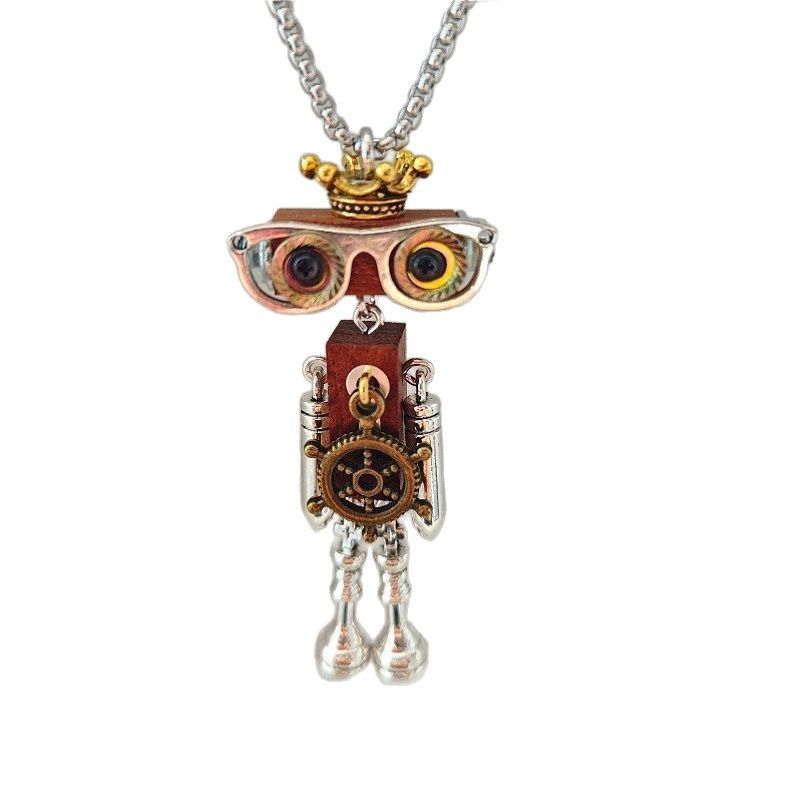Handmade Steampunk Crown Robot Necklace - Wooden Mecha Pendant, Niche ...