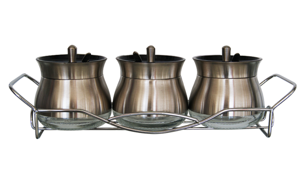 4 Piece Broad Glass Condiment set in Polished Steel with Metal Rack ...