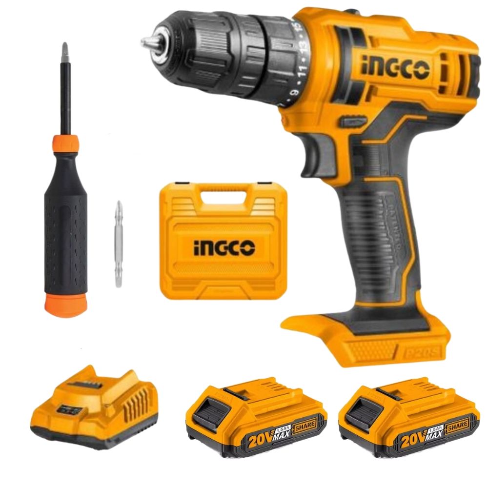 Ingco - Li-Ion Cordless Drill (2x1.5Ah) with 14 Piece Retractable ...