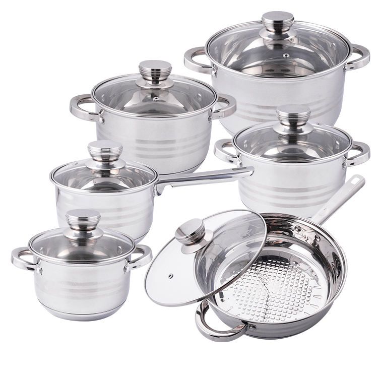Non Stick Silver Stainless Steel Cookware Sets with Glass Lids - 12 ...