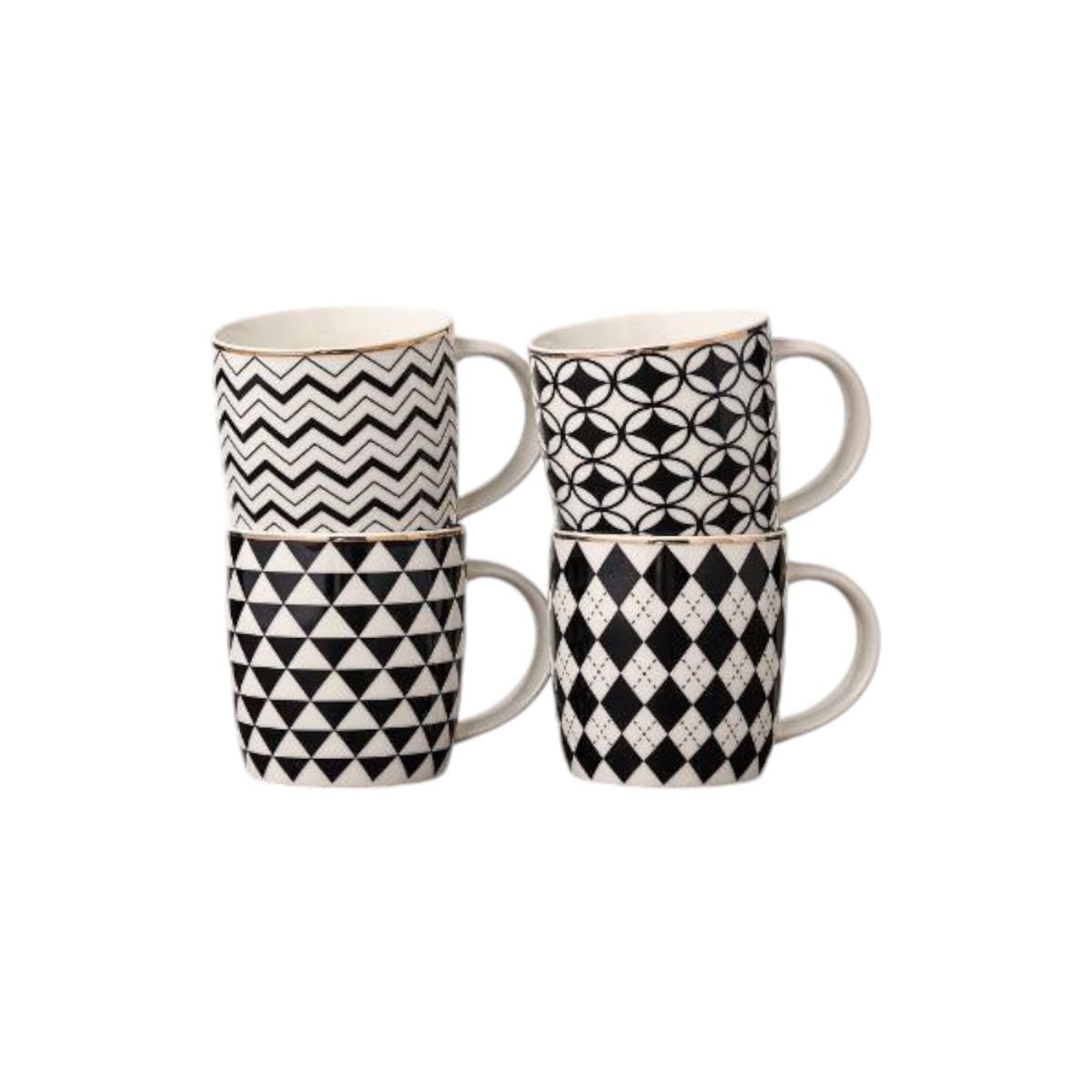 Gold Rim Black and White Printed Coffee Mugs - Set of 4 - 350ml | Shop ...