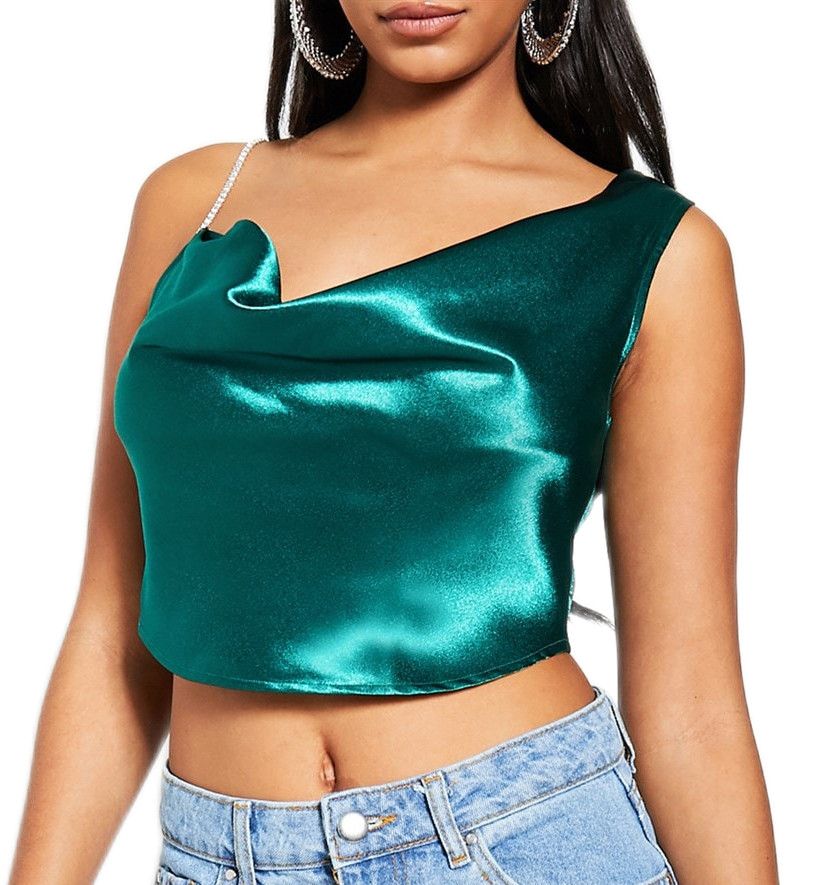 I Saw It First Ladies - Emerald Green Aysmmetric Diamante Strap Crop ...