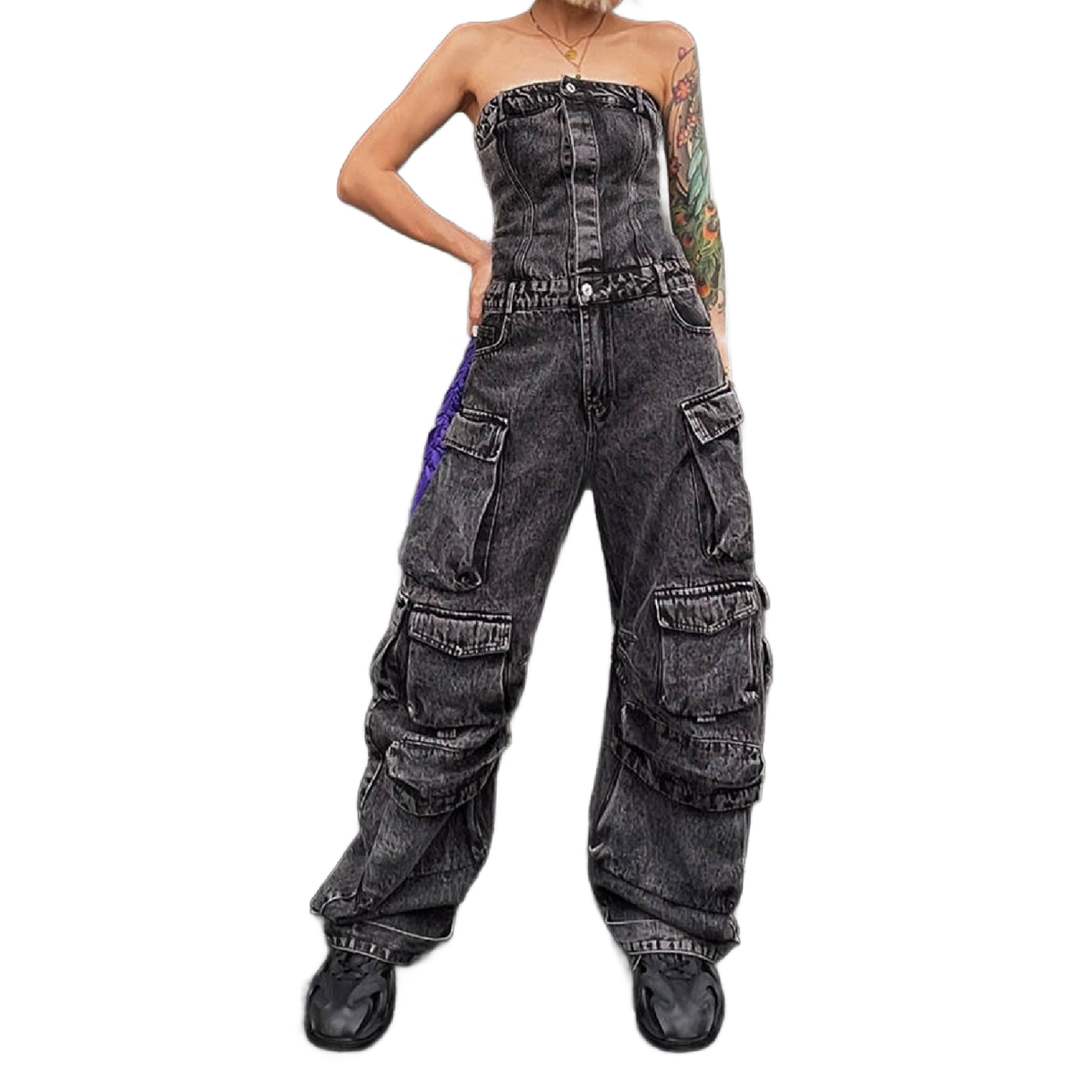 New Street Style Tube Top Multi-Pocket Denim Overalls Jumpsuit-Dark ...