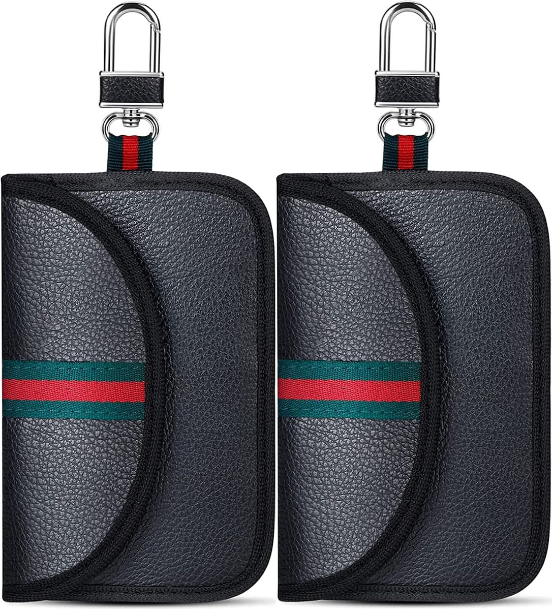 2 Pack Car Key Signal Blocker PU Leather Black Faraday Fob Pouch RF121 ...