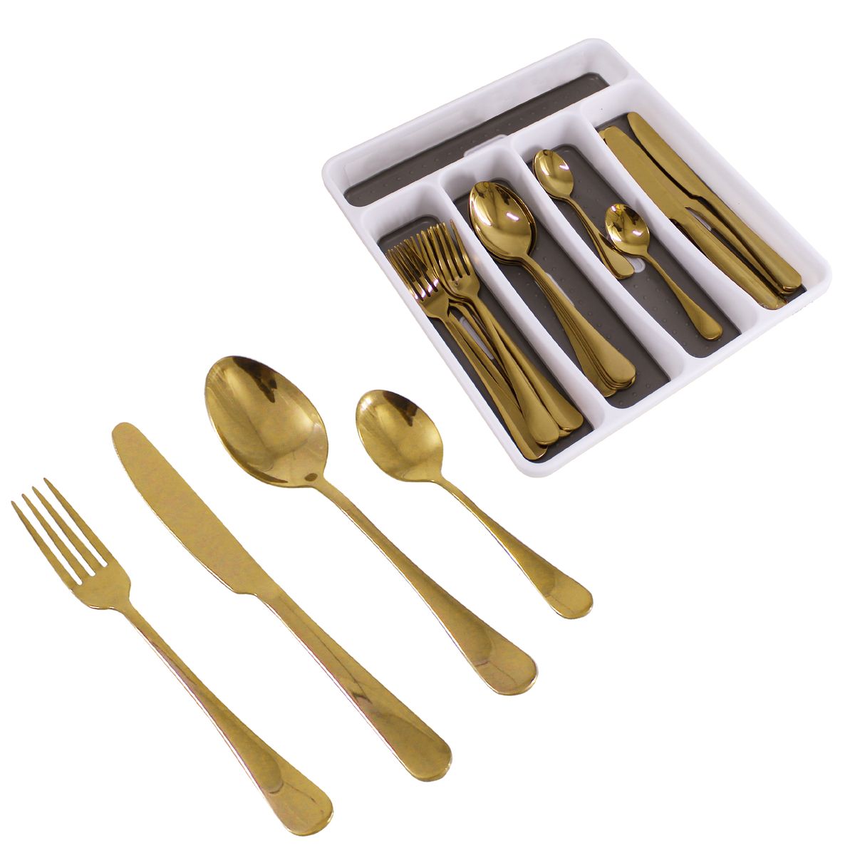 LMA 25 Piece Stainless Steel Cutlery & 5 Compartment Cutlery Organiser ...