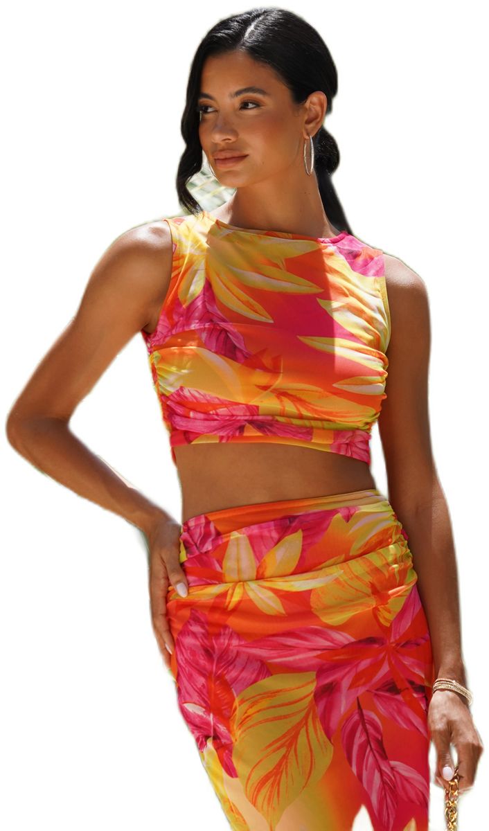 Quiz - Women Yellow Tropical Print Mesh Top | Shop Today. Get it ...