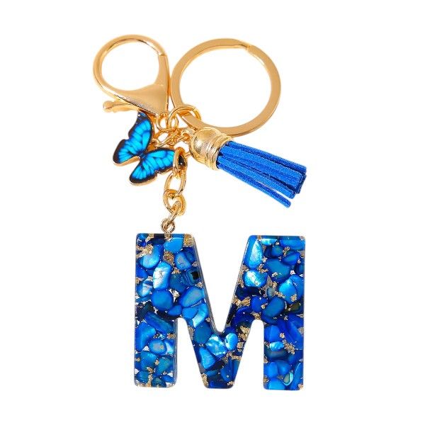 Resin 'M' Keychain With Butterfly Charm & Tassel - Blue & Gold | Shop ...