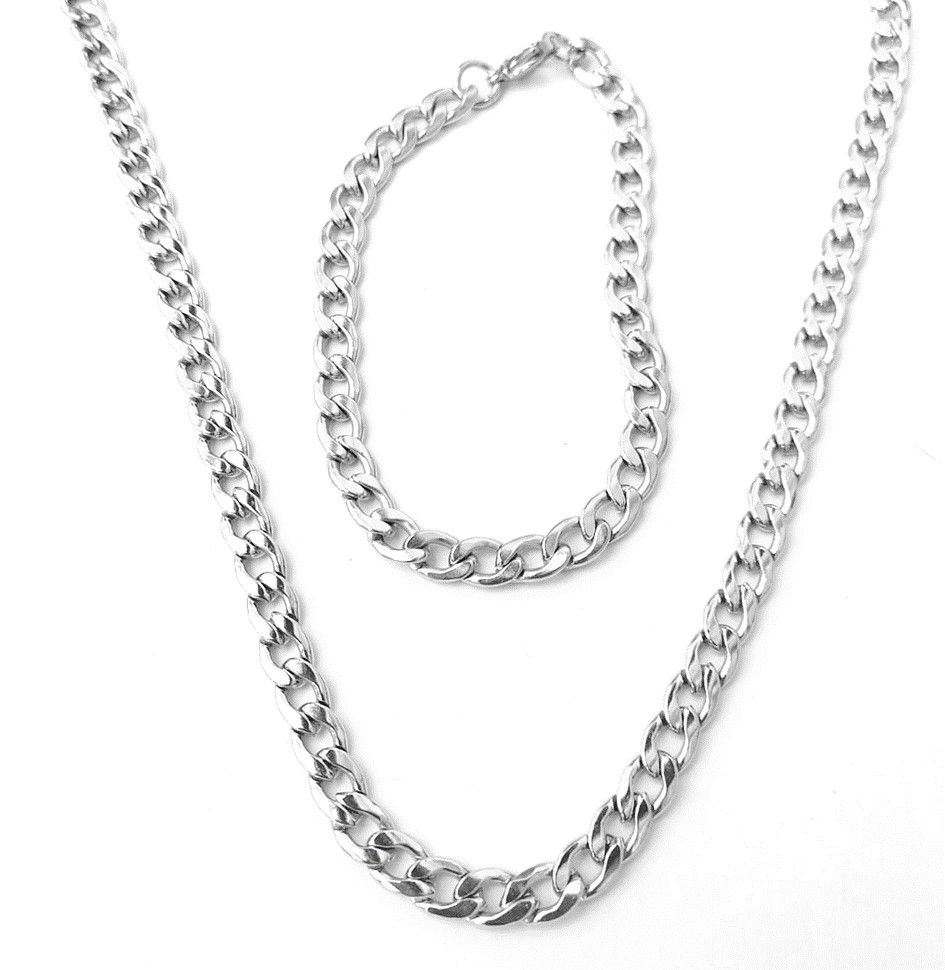 6.8 Mm Solid Stainless Steel Cuban Chain (60cm) And Bracelet (20cm) Set ...