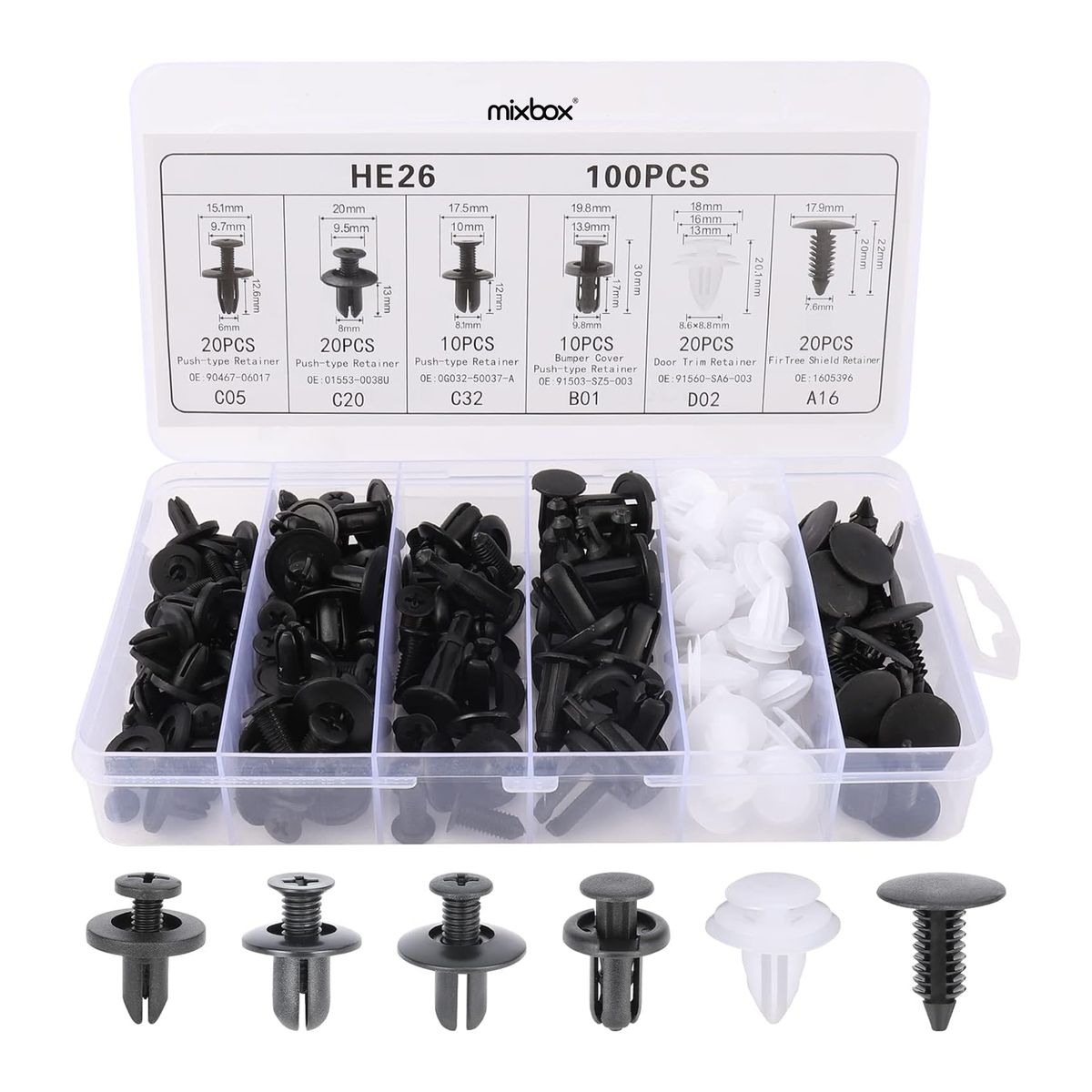 Mix Box 100 PCs Auto Fastener Car Clips 6-Size Trim Panel Retainer Kit ...