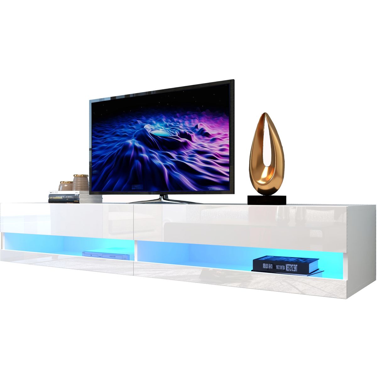 High Gloss TV Stand Color Changing LED Lights 2 Door Floating TV ...