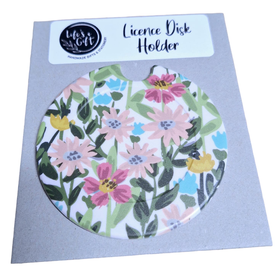Licence Disk Holder - Pink, Blue, & Yellow Flowers with Green Leaves ...