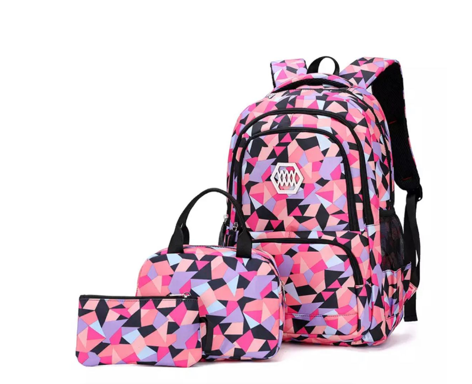 Backpack 3 Piece Set Geometric Print Waterproof Schoolbag - Black/Pink ...