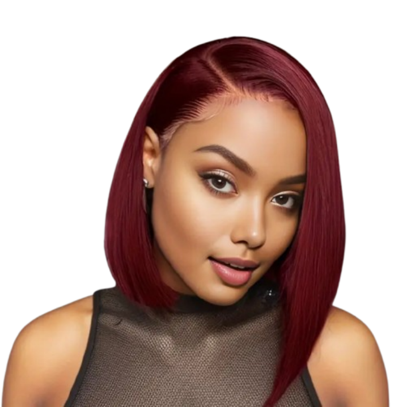 14"Glueless Bob Wig Straight Human Hair Maroon Full Frontal ...