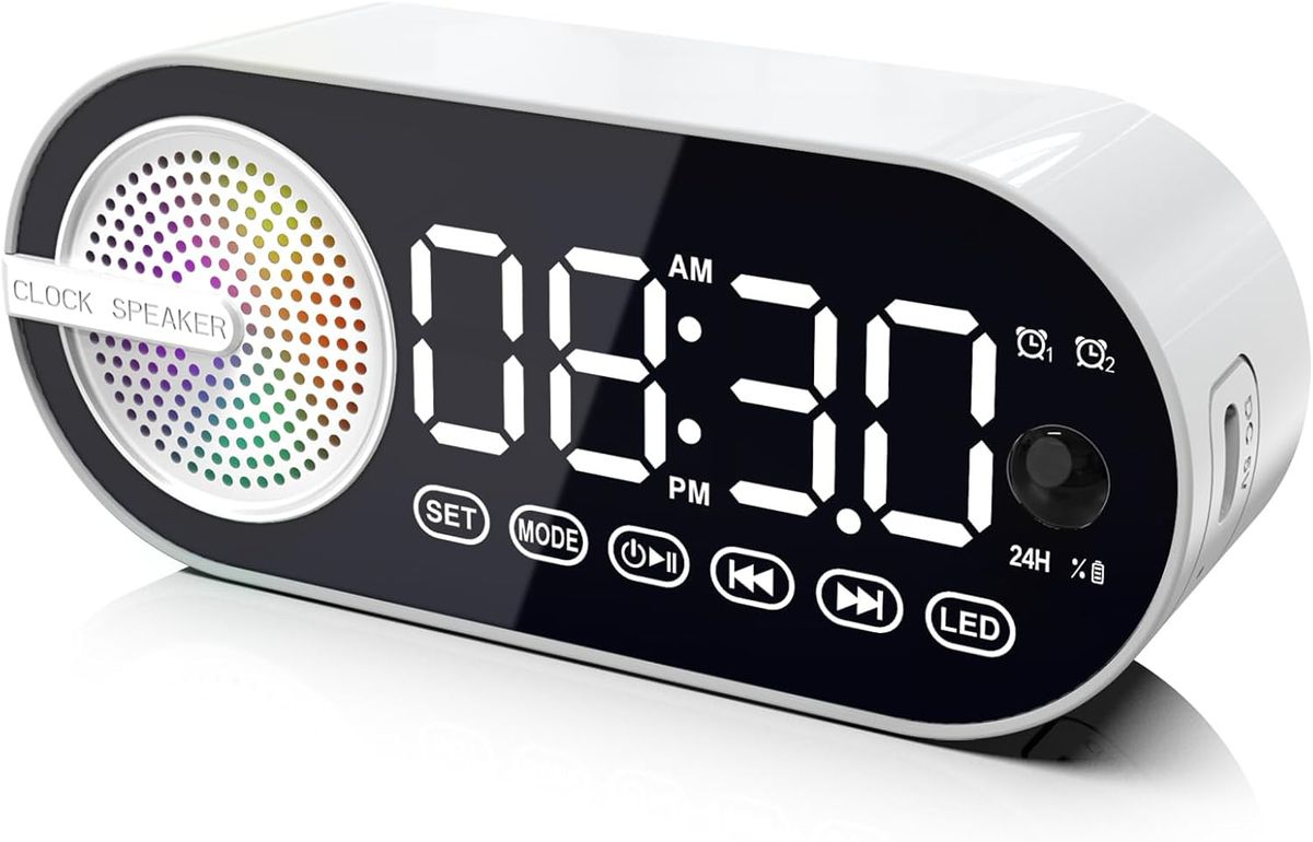 Bluetooth Speaker Clock with FM Radio & Dual Alarms, Mirror Display, 5. ...