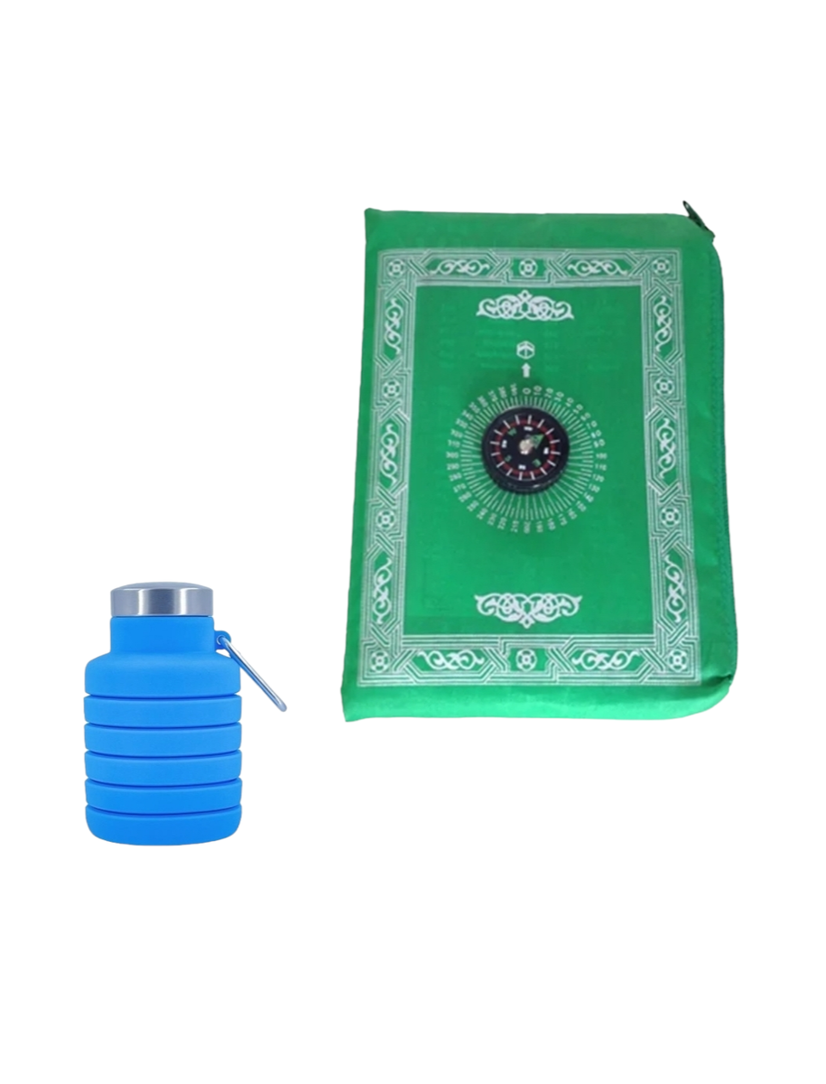 Muslim Travel Prayer Mat with Compass Qibla Finder and Ablution Bottle ...