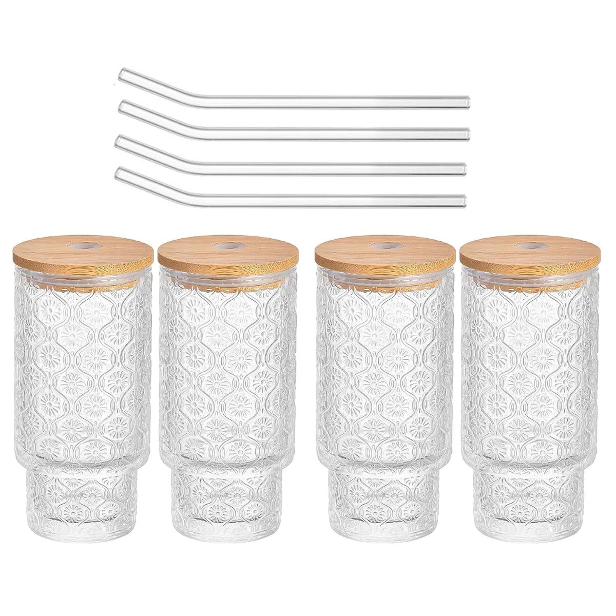 4 Pack - Textured Drinking Glasses with Wood Lid & Reusable Straws ...