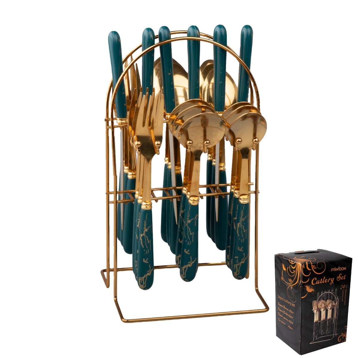 Mix Box Stainless Steel Cutlery Flatware Set with Stand 24 Pieces ...