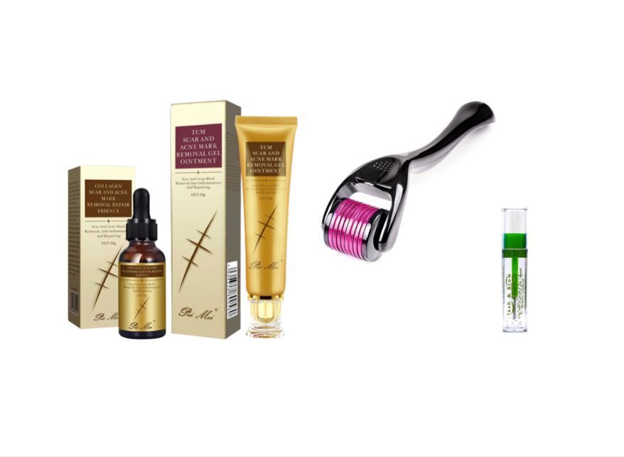 Scar and Acne Mark Removal Gel Ointment & Essence Kit, Derma Roller ...