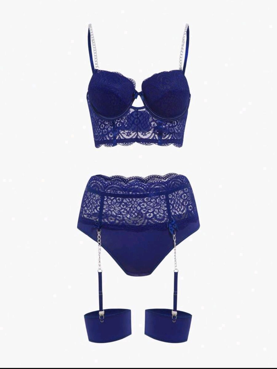 3-piece Contrast Lace Underwire Garter Lingerie Set With Leg Ring ...