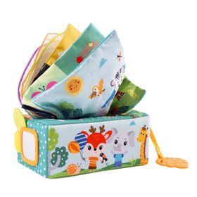 Baby 5-in1 Sensory Tissue Box- Silk Scarf, Sound Paper, Teether, Mirror ...