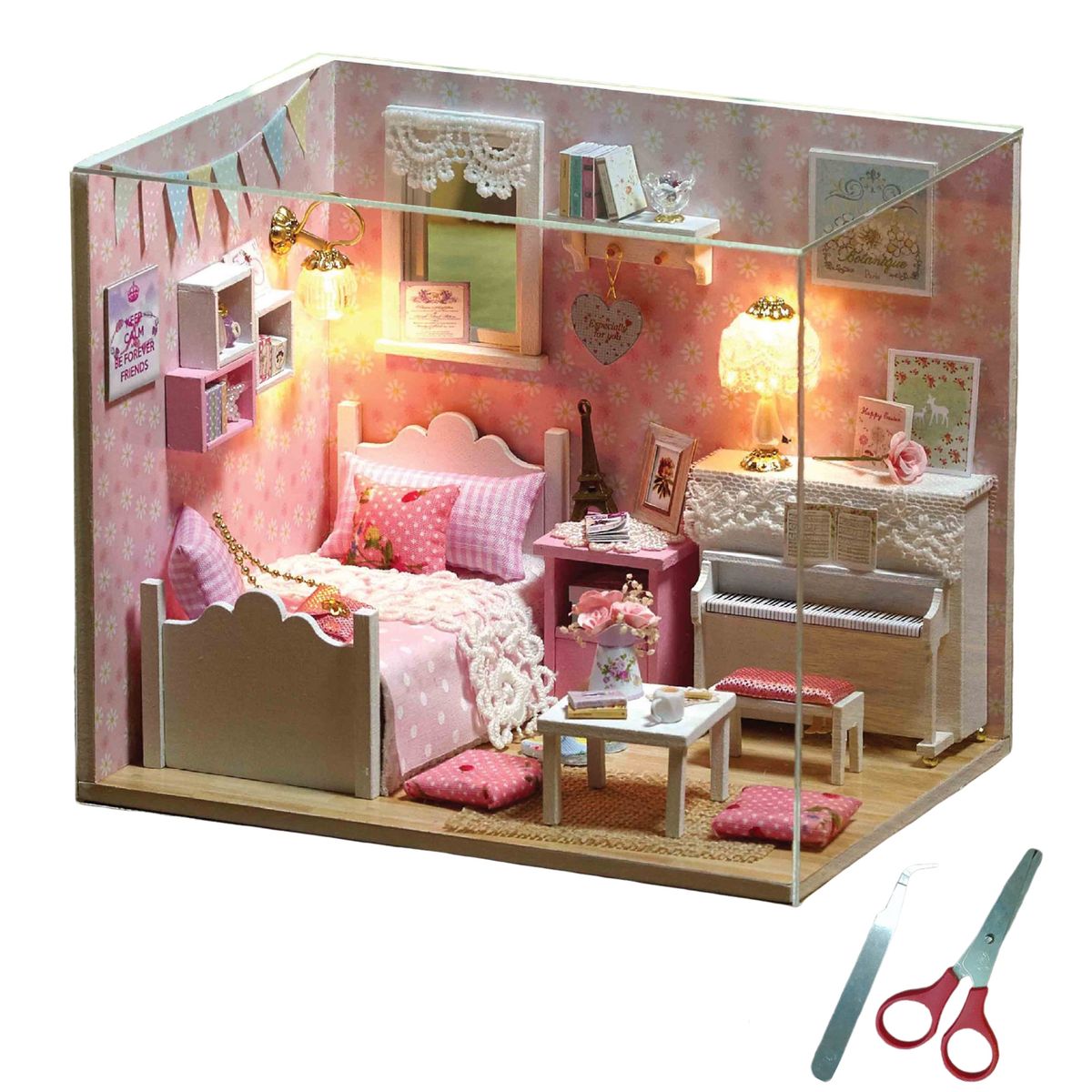 Wooden Dollhouse Miniatures Diy House Kit With Cover And Led Light