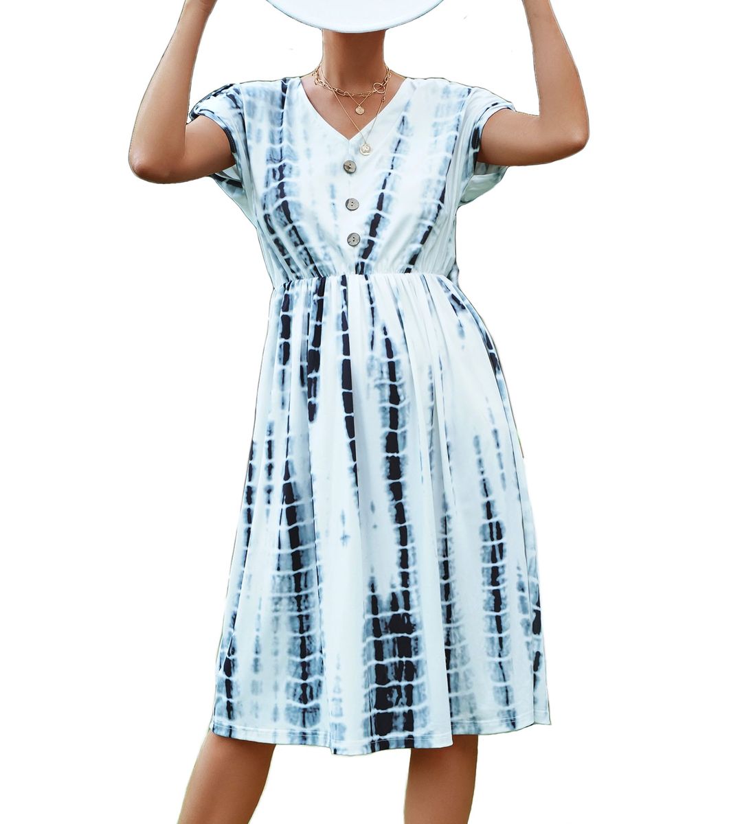 Women Summer Midi Dress Short Sleeve Casual Swing Button Down A Line ...