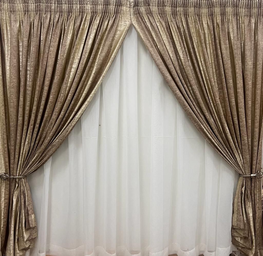 Brown, Gold Striped Living Room Taped Curtains W 500cm x H 230cm | Shop ...