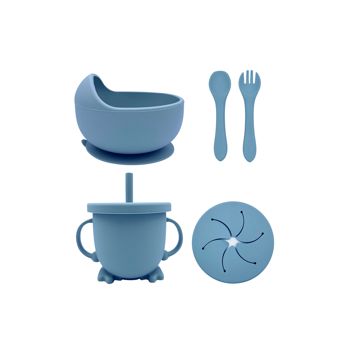 Silicone Suction Bowl, 3 in1 Sippy Cup, Spoon & Fork Feeding Set - Blue ...
