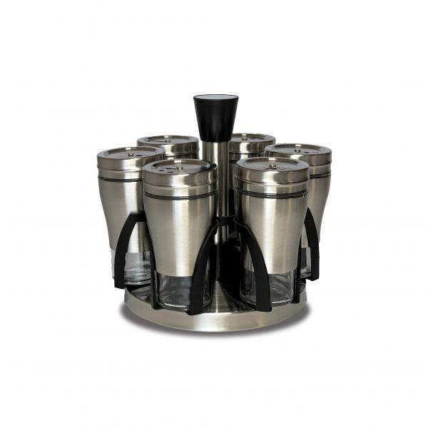 7 Piece Broad Glass Spice Jars in Stainless Steel Jacket & Rotating ...