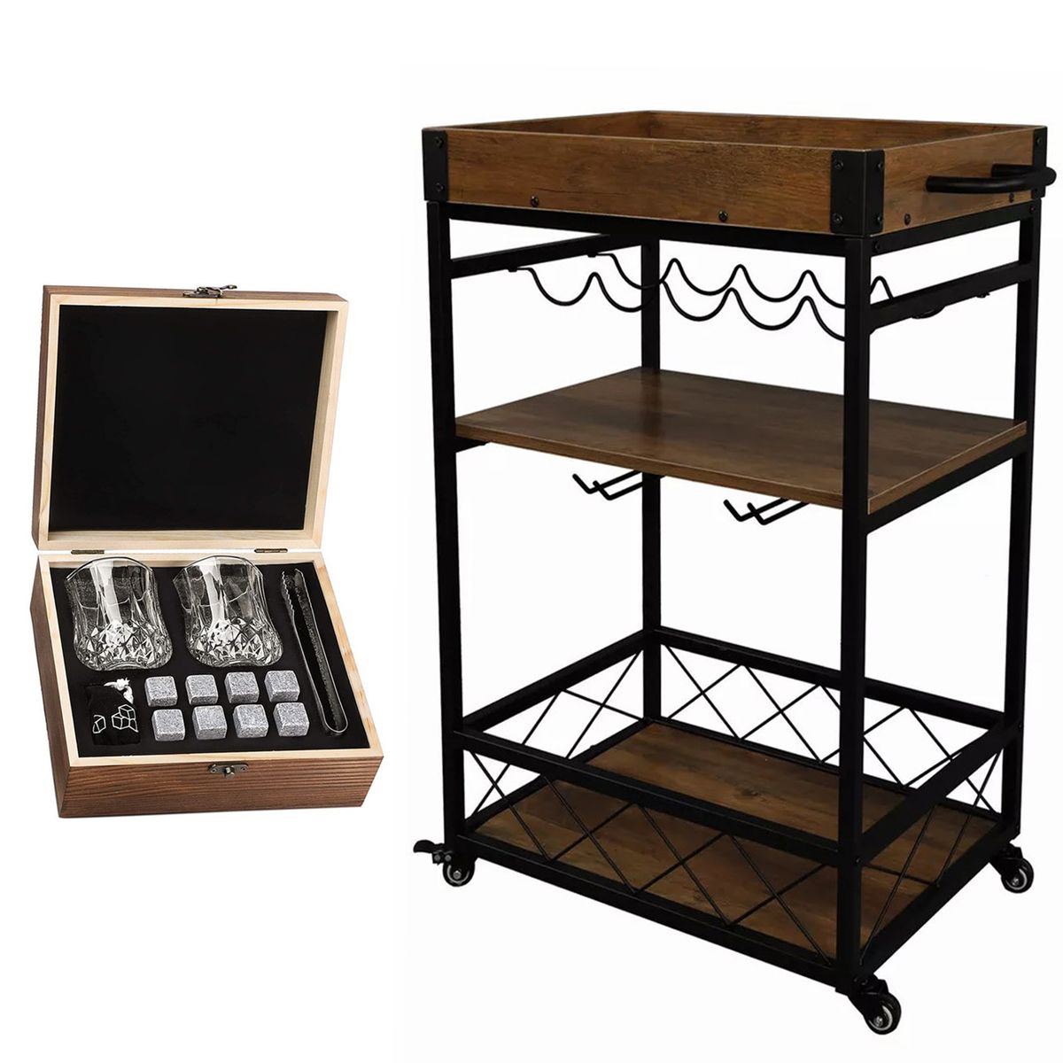 Whiskey Glass Stone Set + Bar Cart with Removable Tray, Gift for Men ...