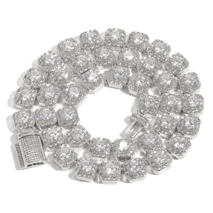 Square Cuban Chain Full Diamond Necklace Set for Women Silver Tone ...